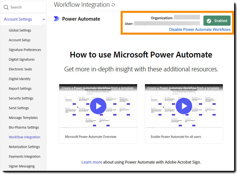 Enable and configure Adobe Acrobat Sign Workflow Automation integrated with Microsoft Power Automate